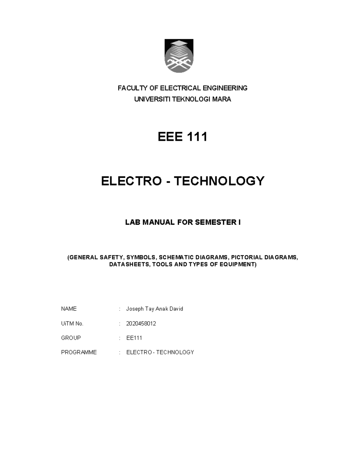 Joseph Tay (2020458012) Experiment 1 - FACULTY OF ELECTRICAL ...