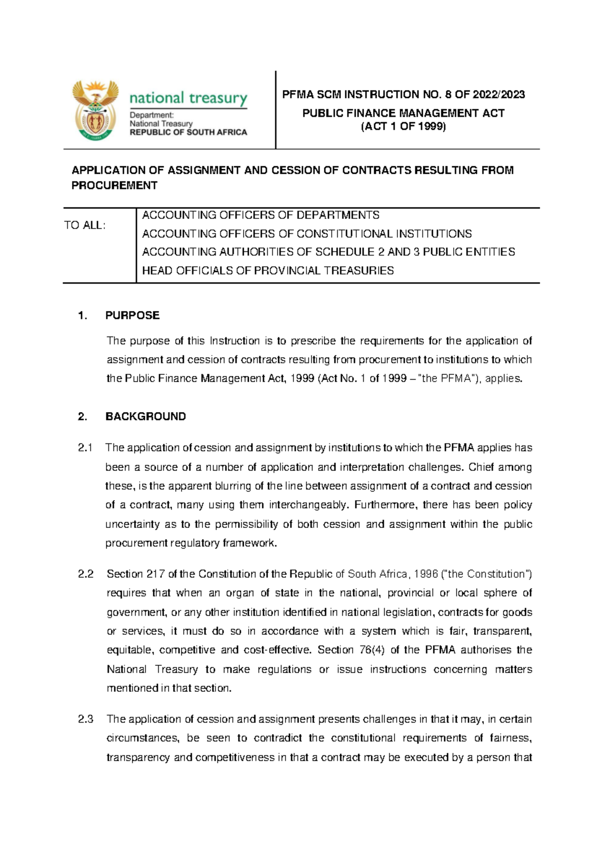 PFMA SCM Instruction No. 08 of 2022-23 - Cession and Assignment - PFMA ...