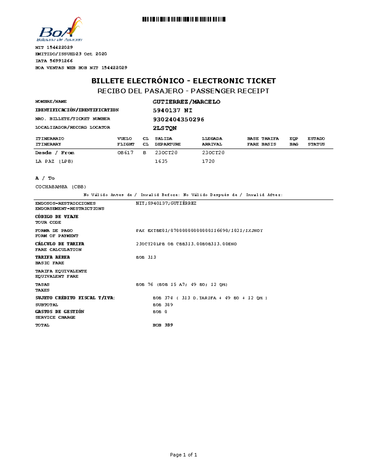 Comprobante BOA - forma de conseguir un boleto - NIT 154422029 EMITIDO ...