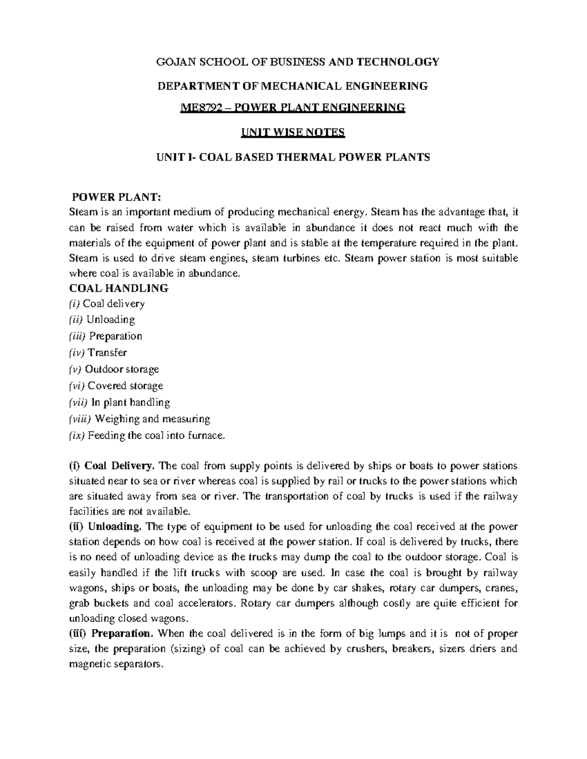 Power Plant Engineering unit note 1 - UNIT WISE NOTES UNIT I- COAL ...