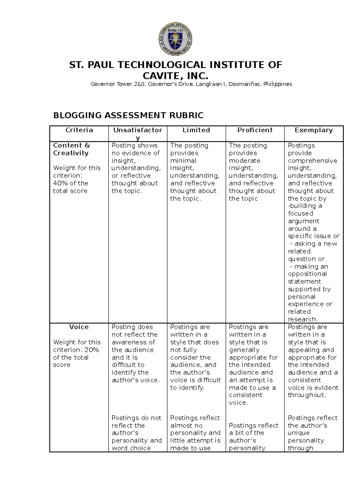 Journalism Rubrics - n/a - ST. PAUL TECHNOLOGICAL INSTITUTE OF CAVITE ...