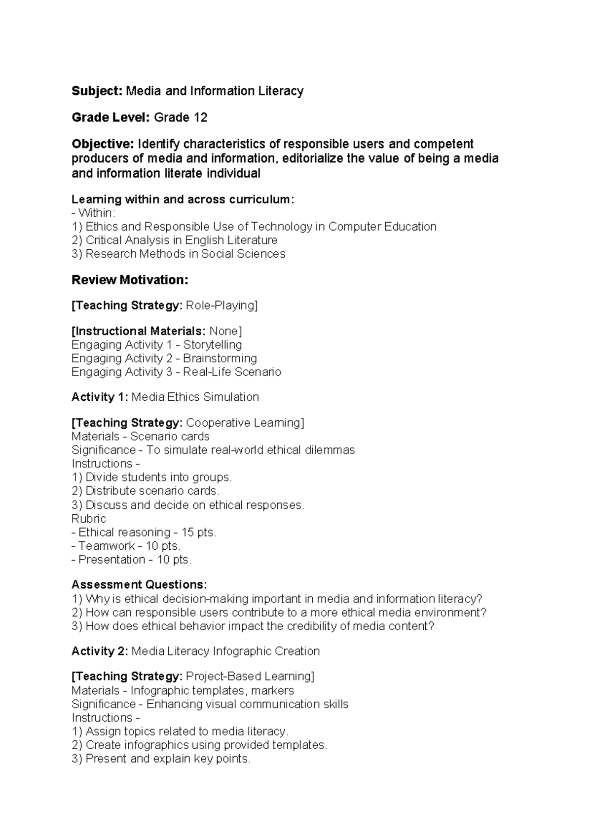 Lesson plan - Subject: Media and Information Literacy Grade Level ...