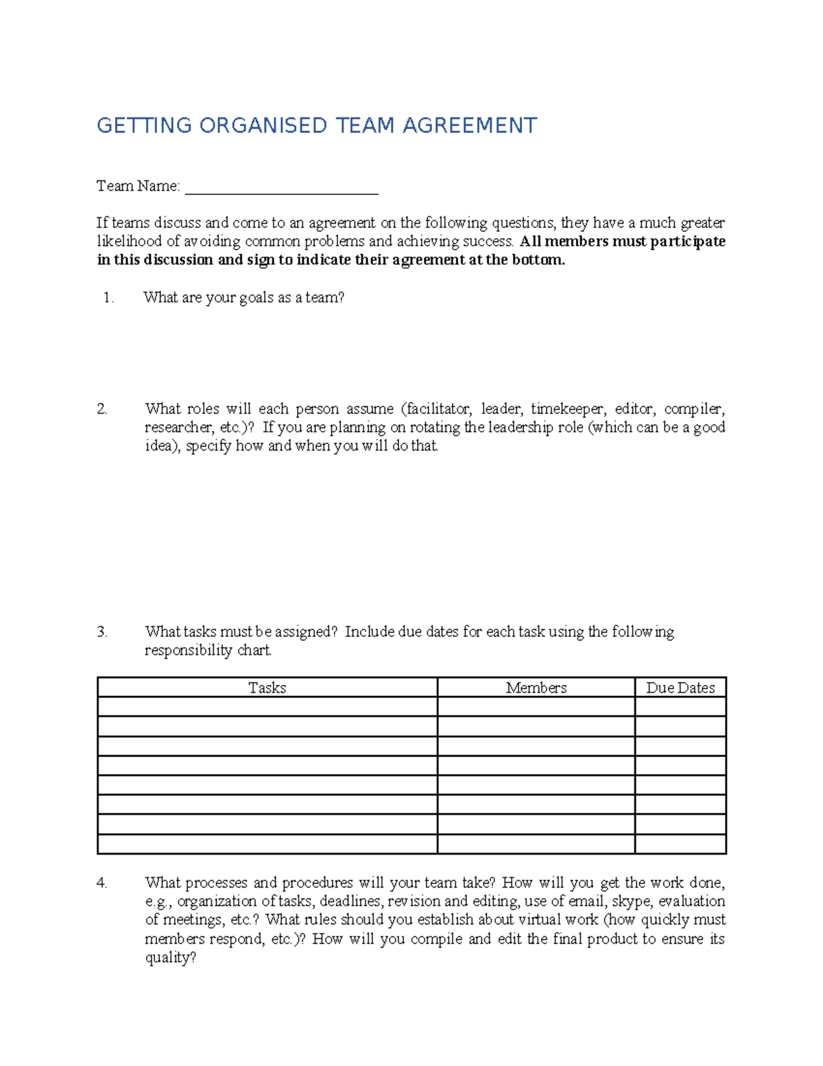 W3 handout team charter-1 - GETTING ORGANISED TEAM AGREEMENT Team Name