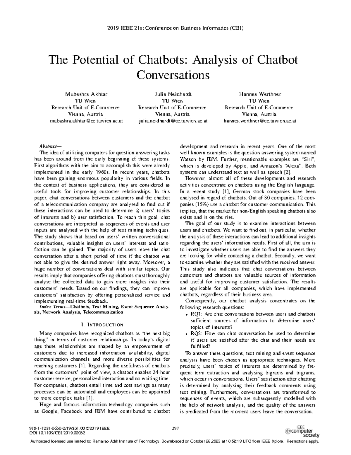 The Potential of Chatbots Analysis of Chatbot Conversations - The ...