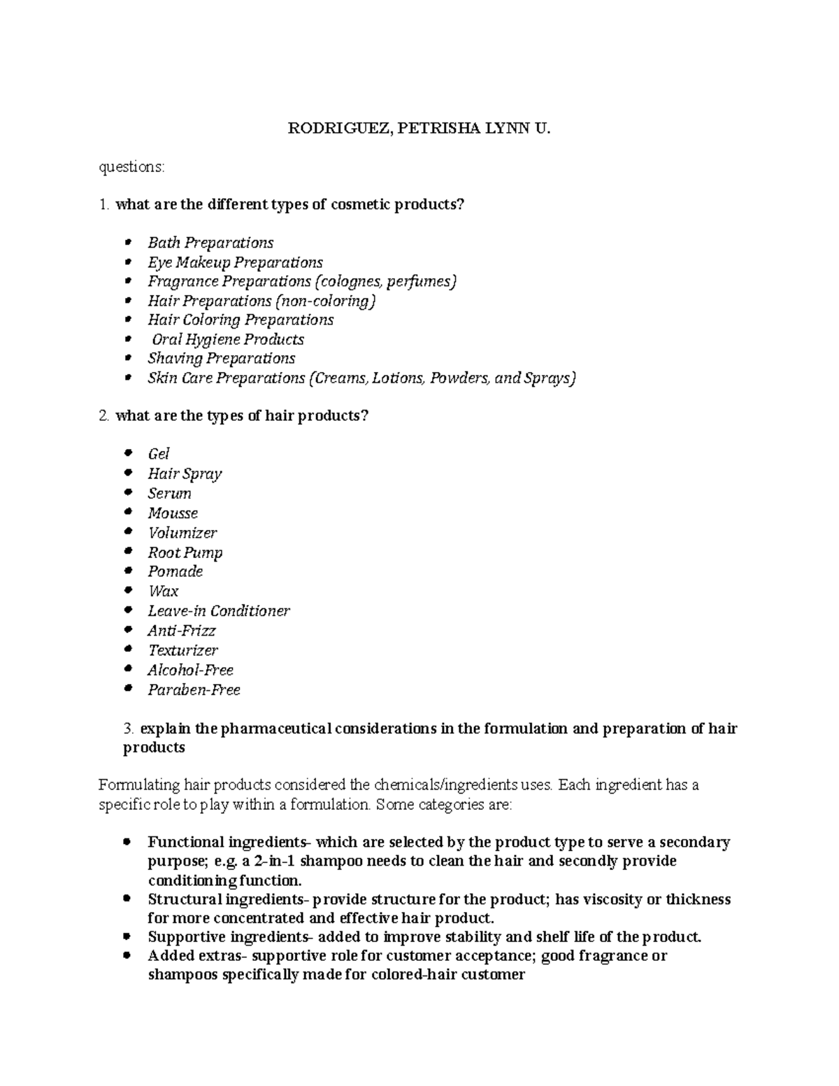 Cosmetics laboratory activity for hair product - RODRIGUEZ, PETRISHA ...