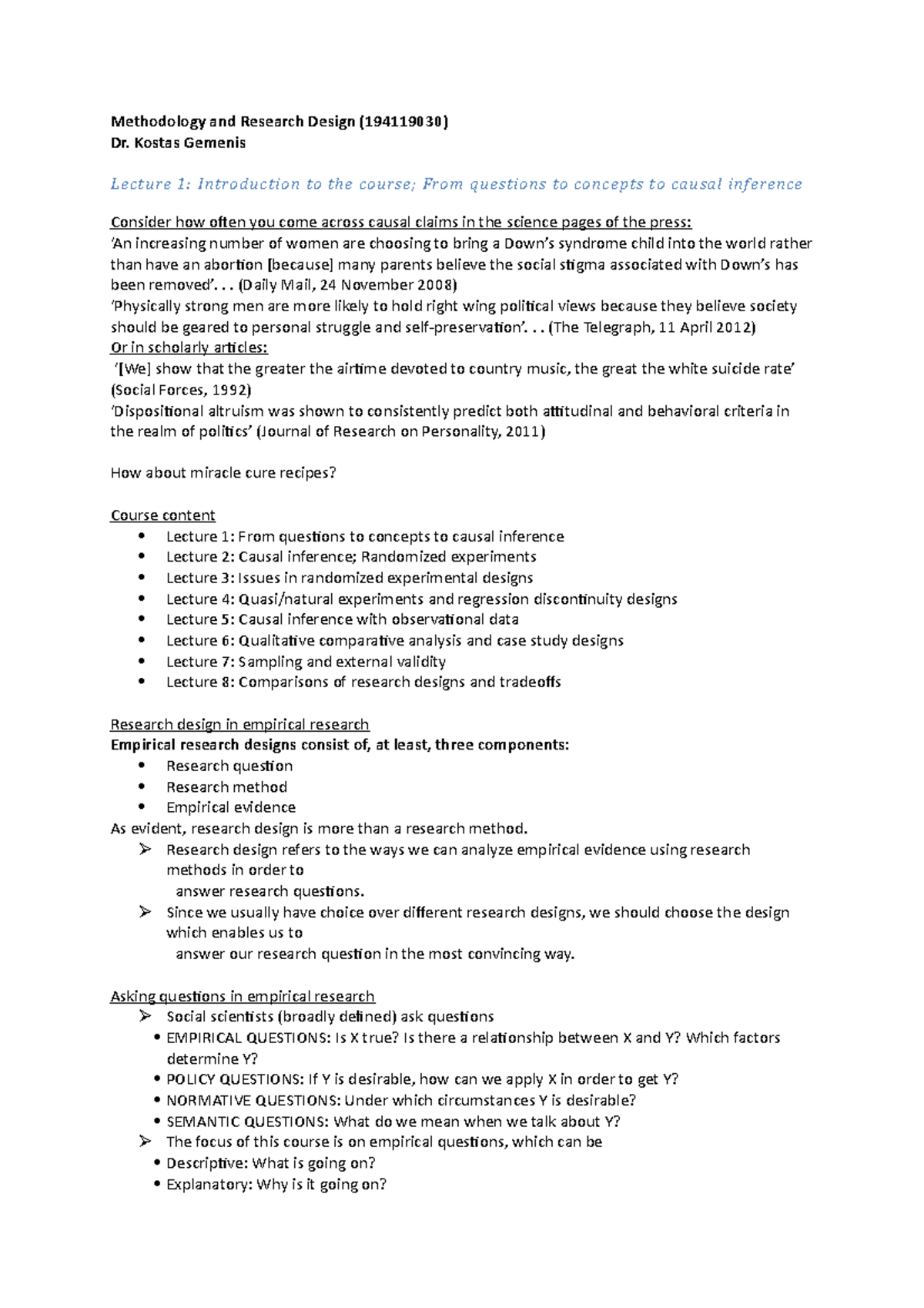 Methodology and Research Design - Lecture notes, lecture 1 t/m 8 rn ...