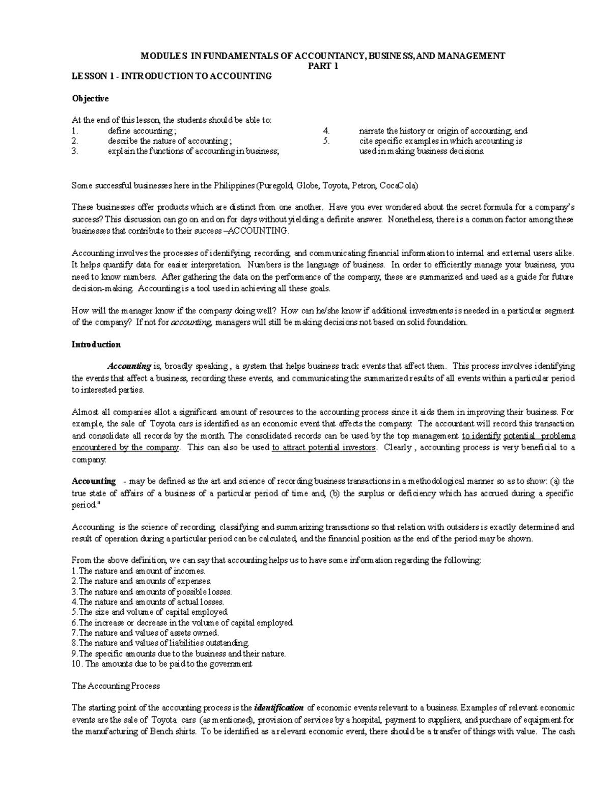 Introduction to Accounting Module 1 - MODULES IN FUNDAMENTALS OF ...