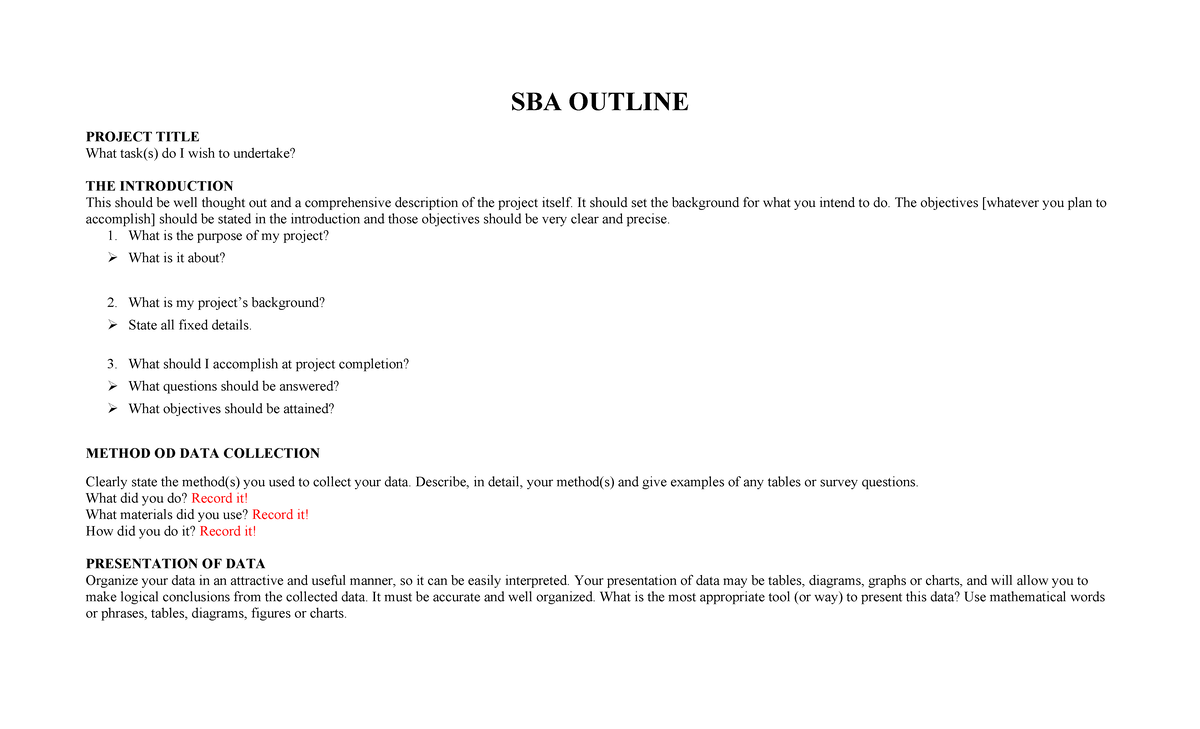SBA Outline 2 - SBA OUTLINE PROJECT TITLE What task(s) do I wish to ...