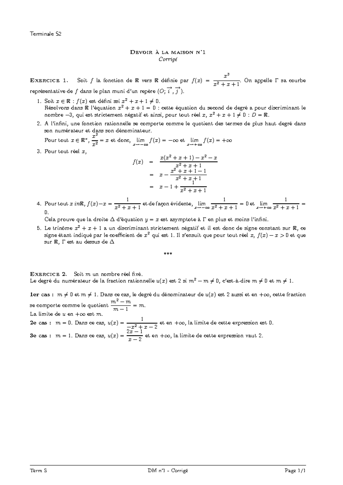 Corrige DM maths terminale S 1 - Terminale S Devoir à la maison n ̊ ...