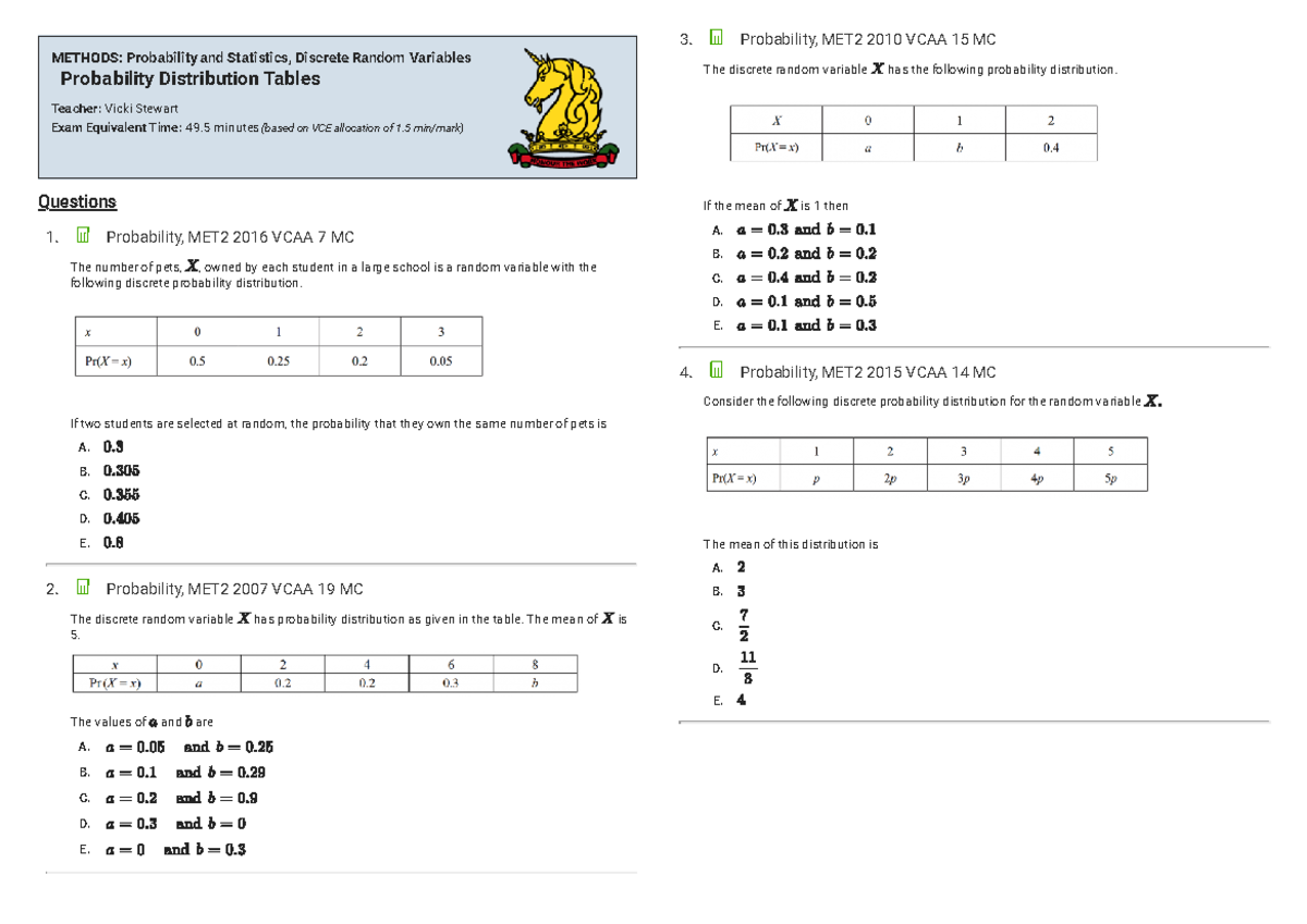 Probability and Statistics - Discrete Random Variables - Probability ...