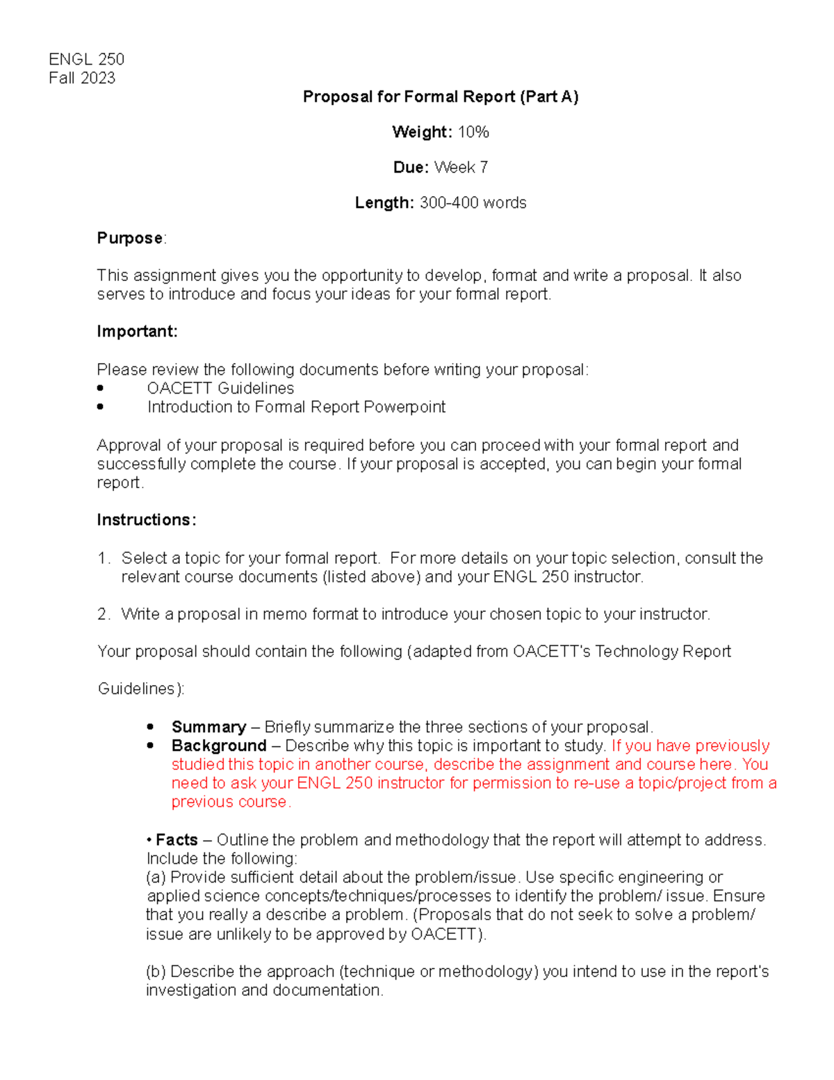 Report Proposal - DOc - ENGL 250 Fall 2023 Proposal for Formal Report ...