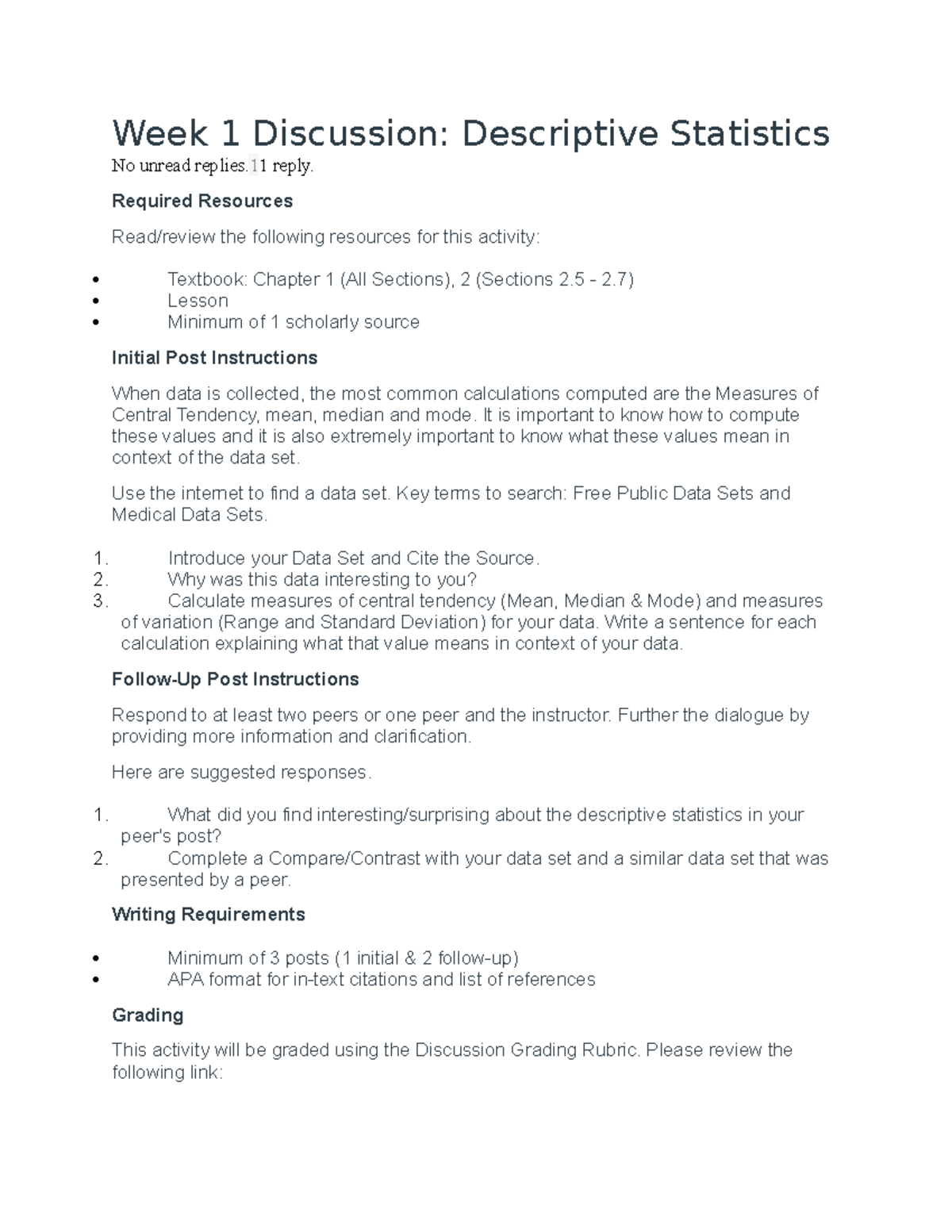 MATH399 Week 1 Discussion Descriptive Statistics - Week 1 Discussion ...