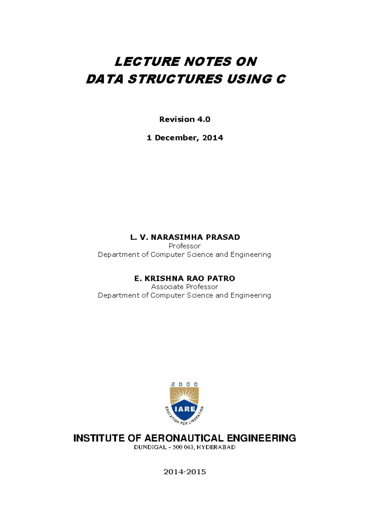 DS Notes BY Dr L V Narasimha Prasad 0 - LECTURE NOTES ON DATA ...