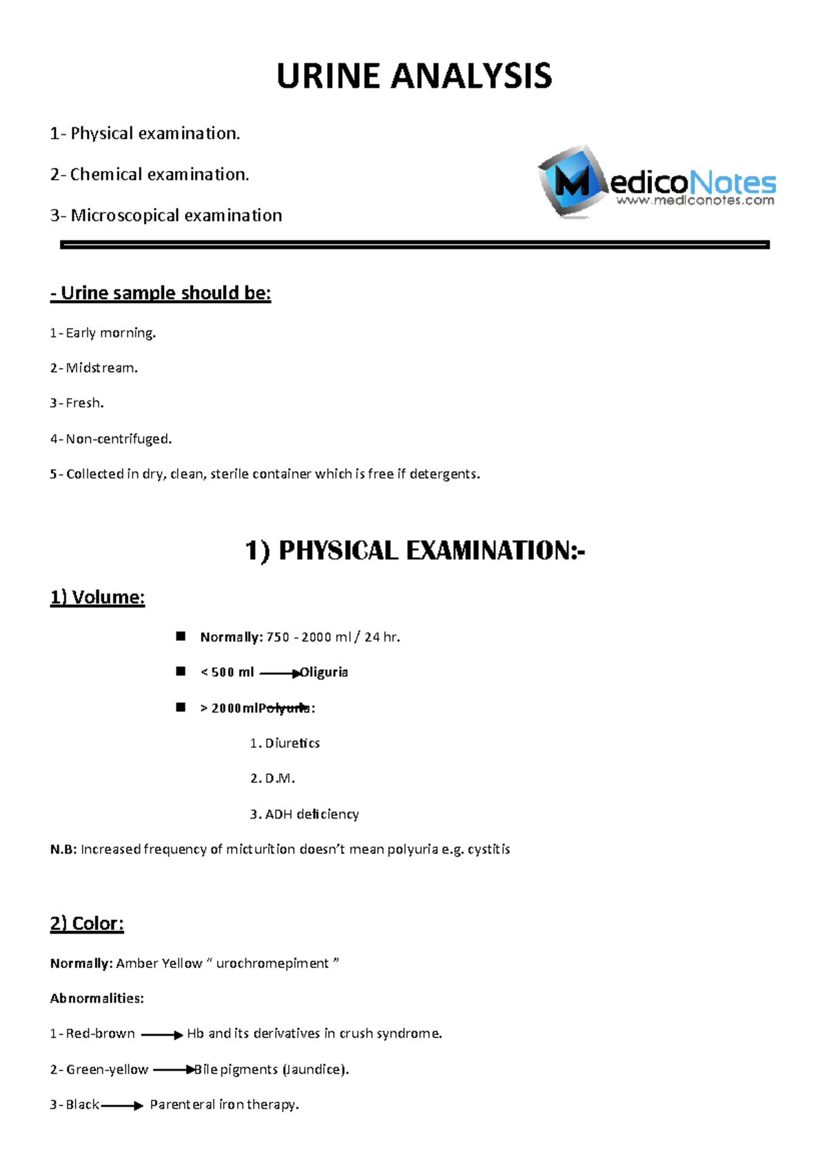 Urine Analysis - Short Summary - UR 1- Physical examination. 2 ...