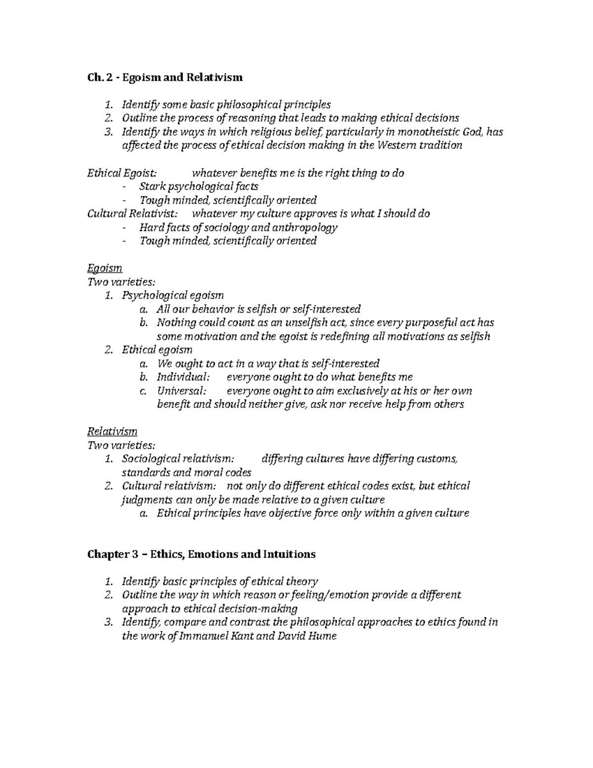 Chapter Notes - Ch. 2 Egoism and Relativism 1. Identify some basic ...