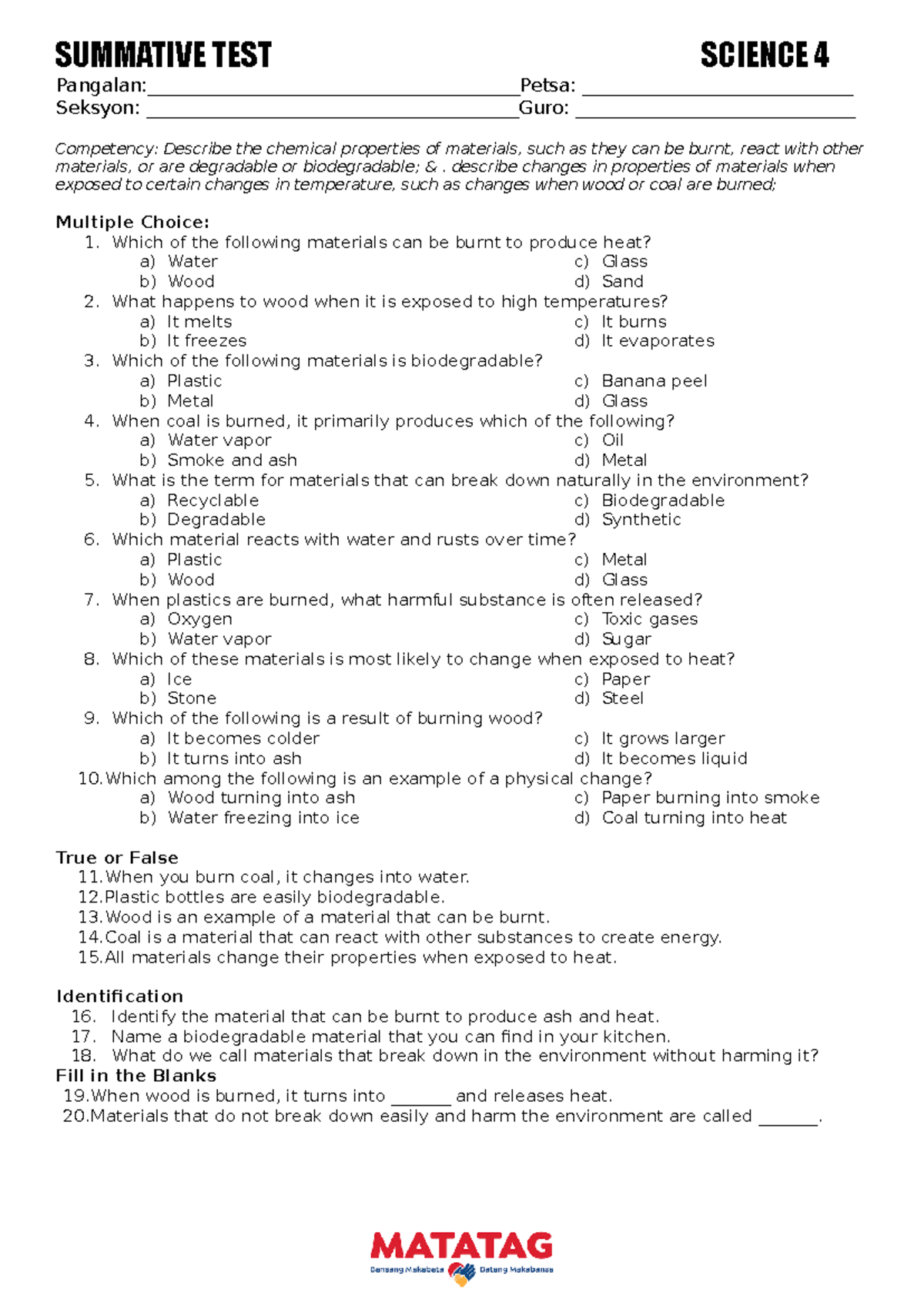 SCI4 Summative 02 - summary - SUMMATIVE TEST SCIENCE 4 - Studocu