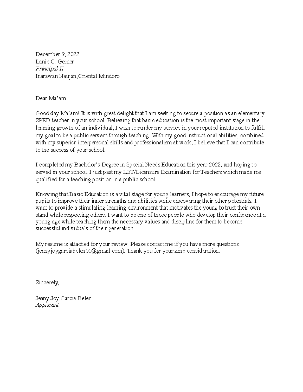 Application letter - December 9, 2022 Lanie C. Gerner Principal II ...
