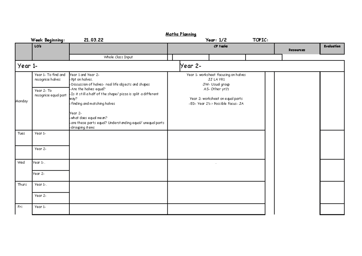 Maths lesson plan KS1 - Maths Planning Week Beginning: 21.03 Year: 1/2 ...