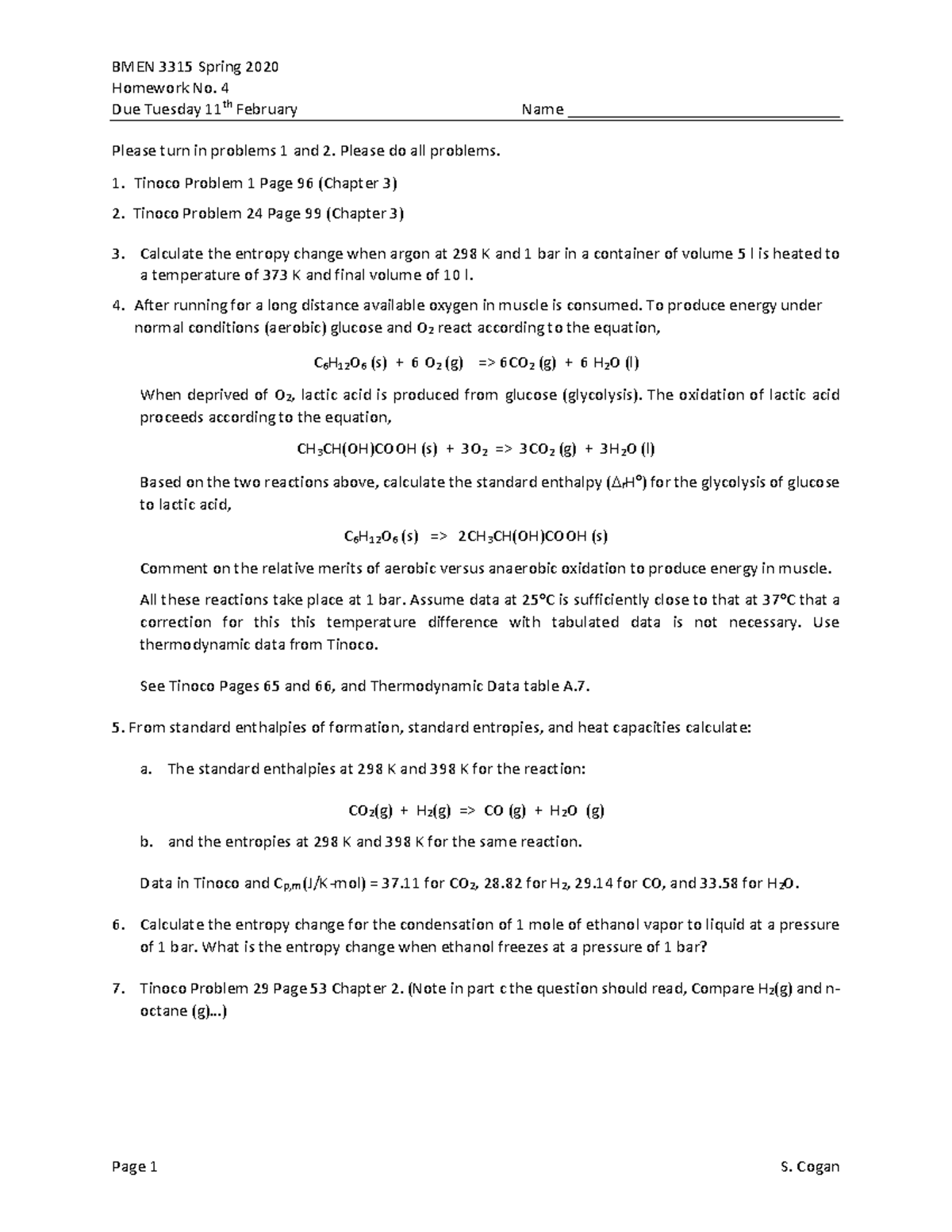 HW4Solutions S BMEN 3315 - Homework No. 4 Due Tuesday 11th February ...