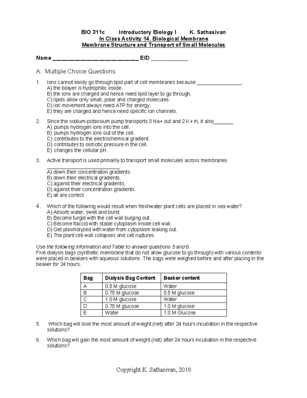 BIO311c ICA 14 Biological Membrane Small Molecule Transport - Copyright ...