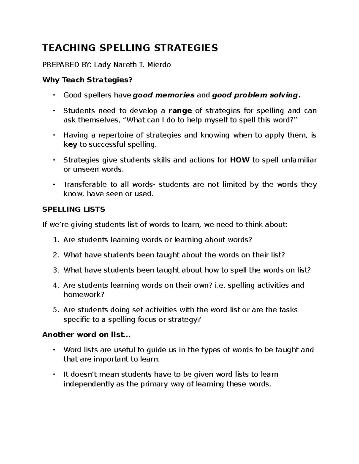 Teaching Spelling Strategies - TEACHING SPELLING STRATEGIES PREPARED BY ...