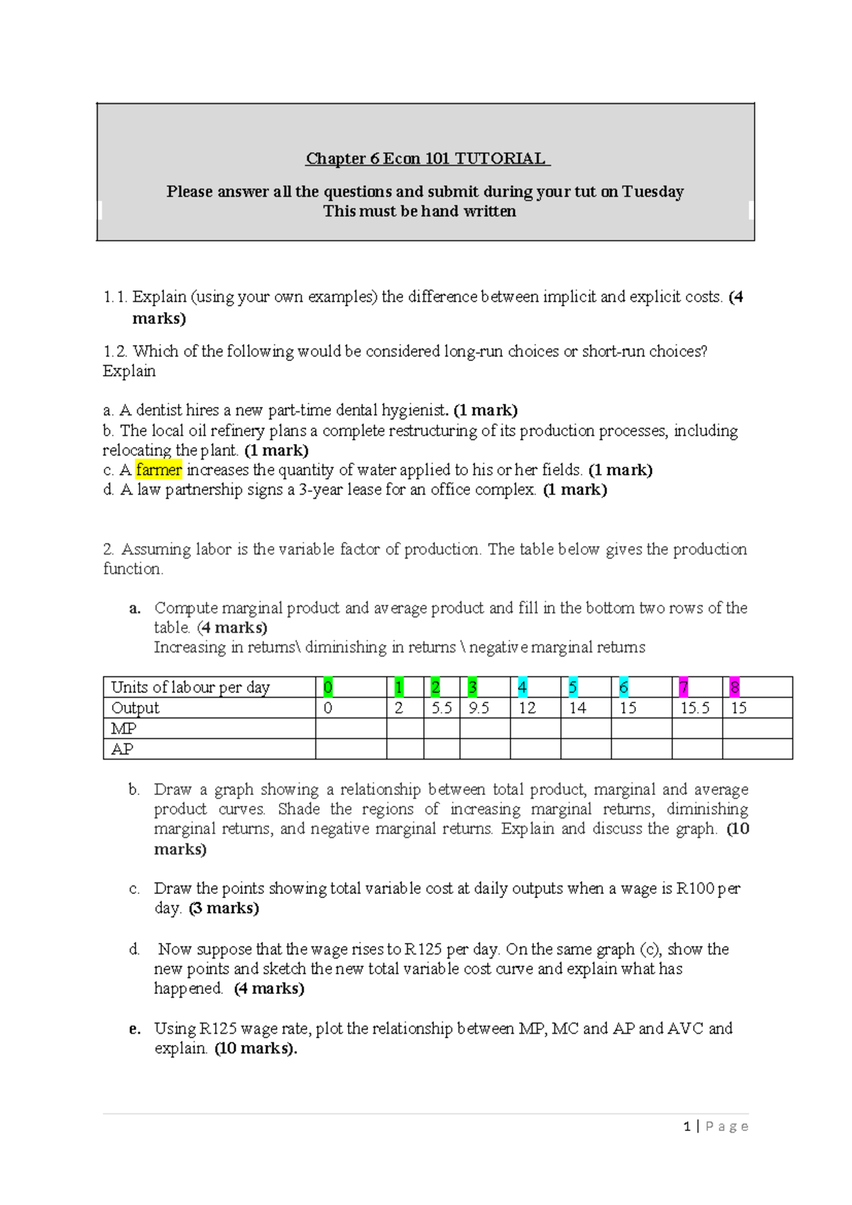 cost of production microeconomics 101 - Chapter 6 Econ 101 TUTORIAL Please answer all the ...