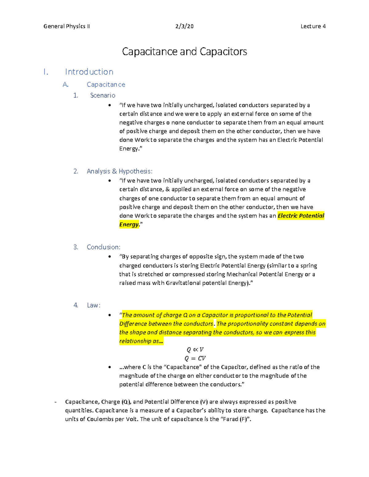 Gen. Phys. Lecture 4 - Capacitance and Capacitors I. Introduction A ...