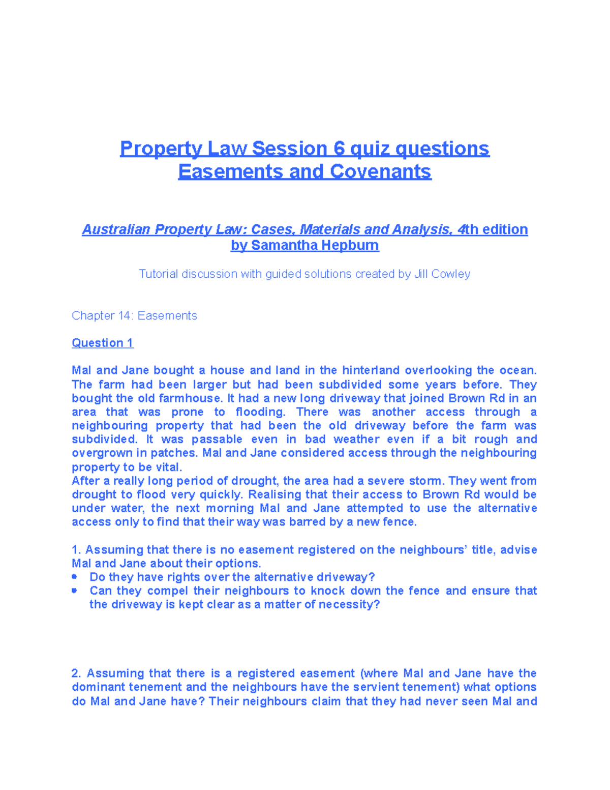 S6 Prop Quiz - Property Law Session 6 quiz questions Easements and ...
