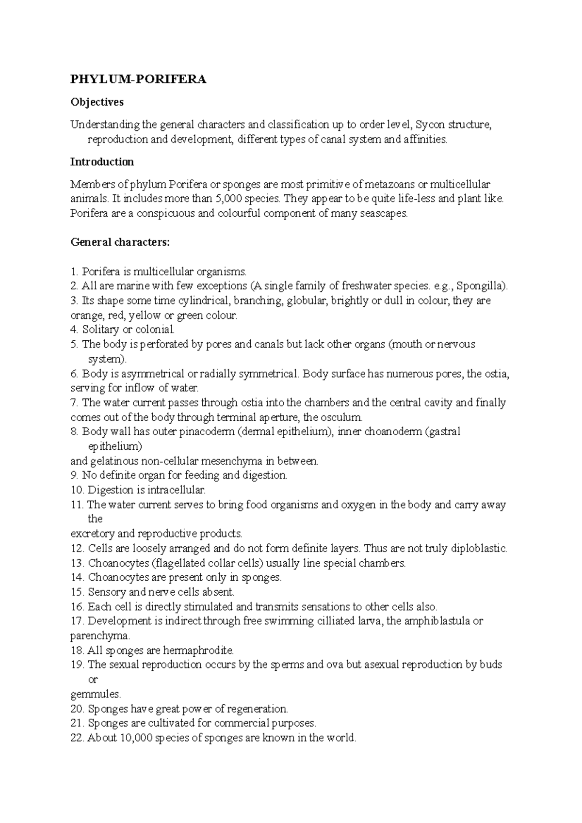 Phylum Porifera - Smart notes - PHYLUM-PORIFERA Objectives ...