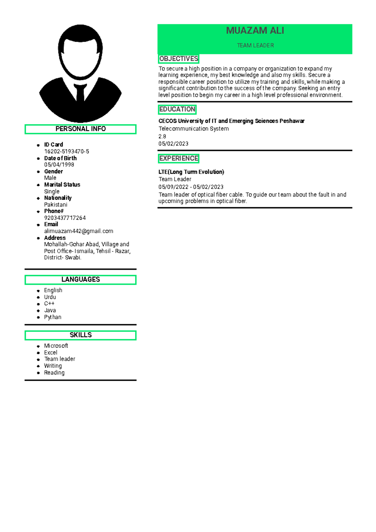 Muazam Ali CV - PERSONAL INFO ID Card 16202-5193470- Date of Birth 05 ...