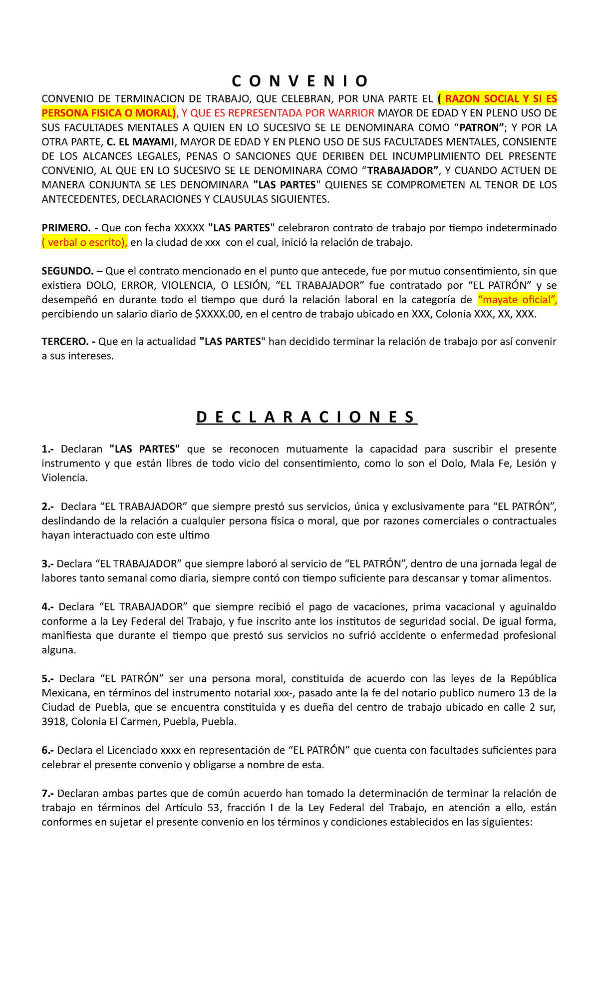 C O N V E N I O Terminacion DE Relacion DE Trabajo - C O N V E N I O ...