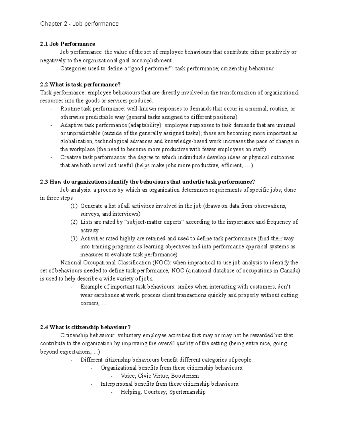 Chapter 2 - Lecture notes - Chapter 2 - Job performance 2 Job ...