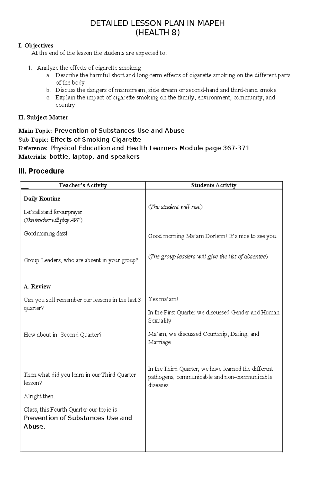 399097550 Detailed Lesson Plan in Substance Use and Abuse Cigarettes ...