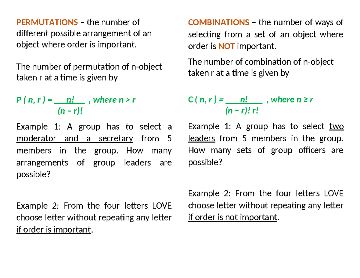 permutation and combination - PERMUTATIONS – the number of different possible arrangement of an ...