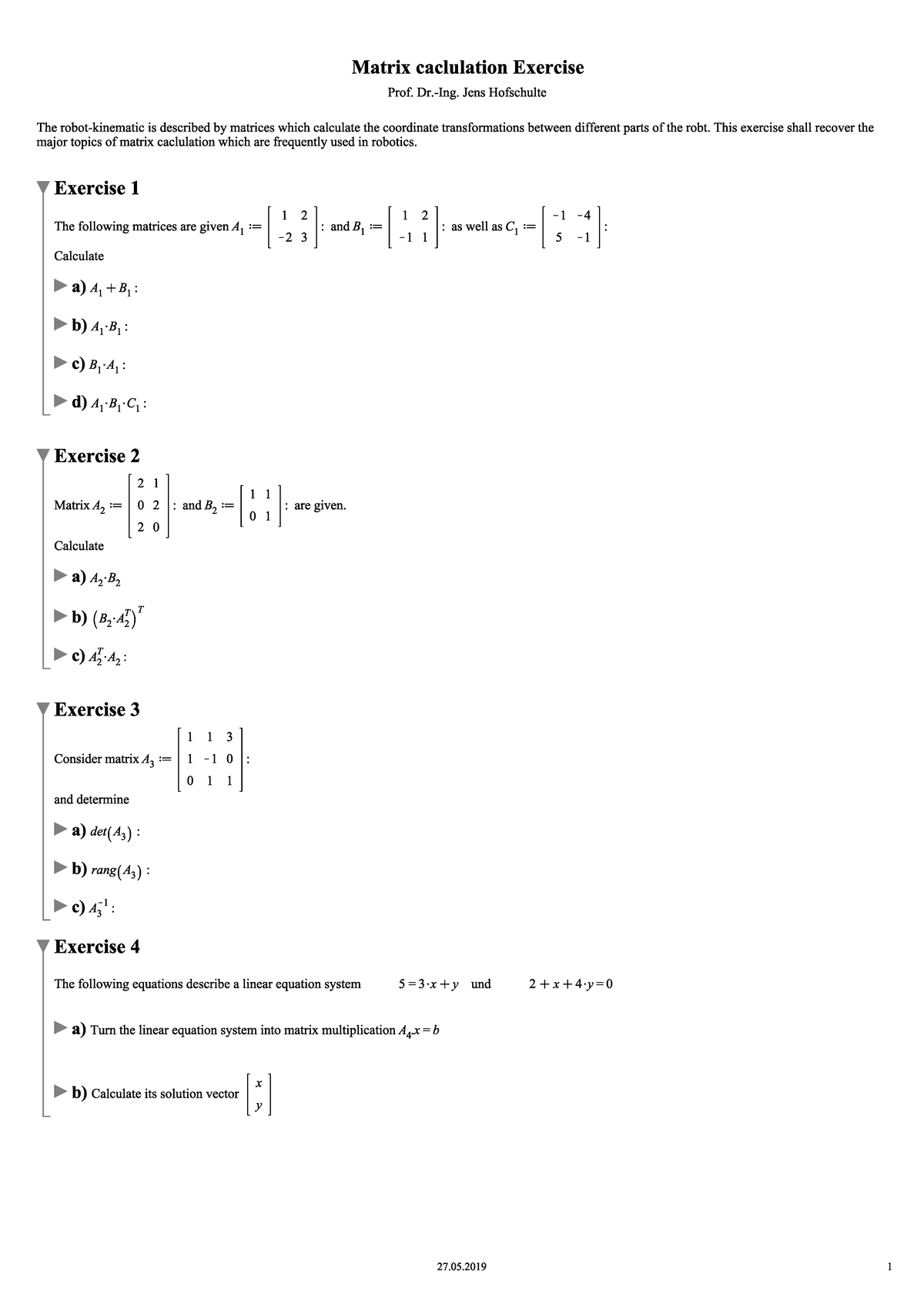 Matrix calculation exercise - Robotics - Studocu
