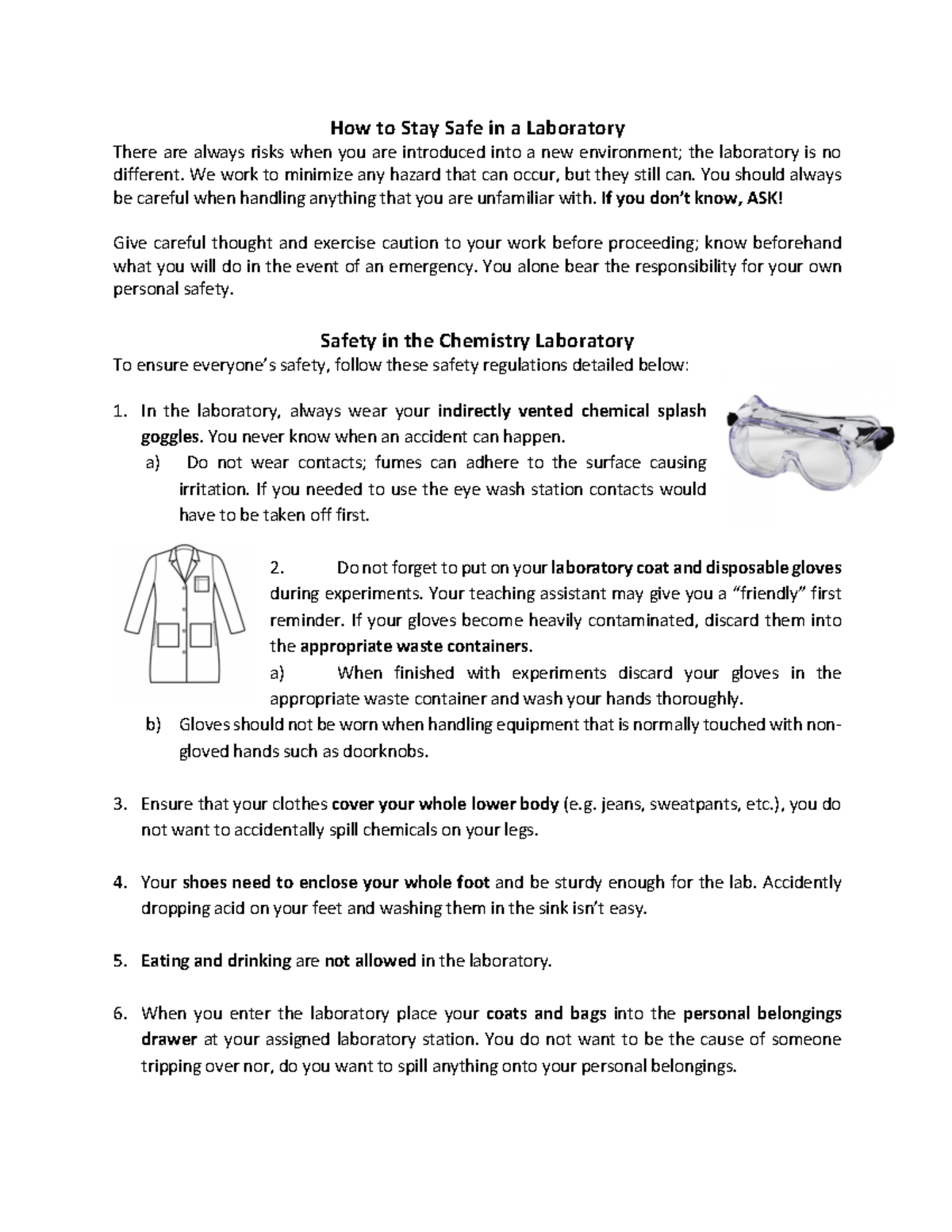 Lab Safety Notes from Lab 1: CHM 136 - How to Stay Safe in a Laboratory ...