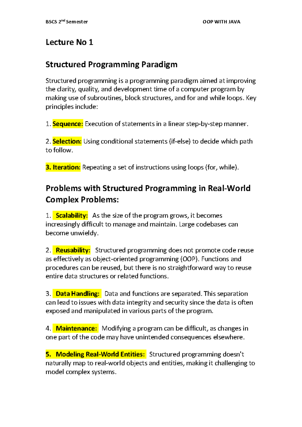 BSCS 2ND W1 - gggg - BSCS 2 nd Semester OOP WITH JAVA Lecture No 1 Structured Programming ...