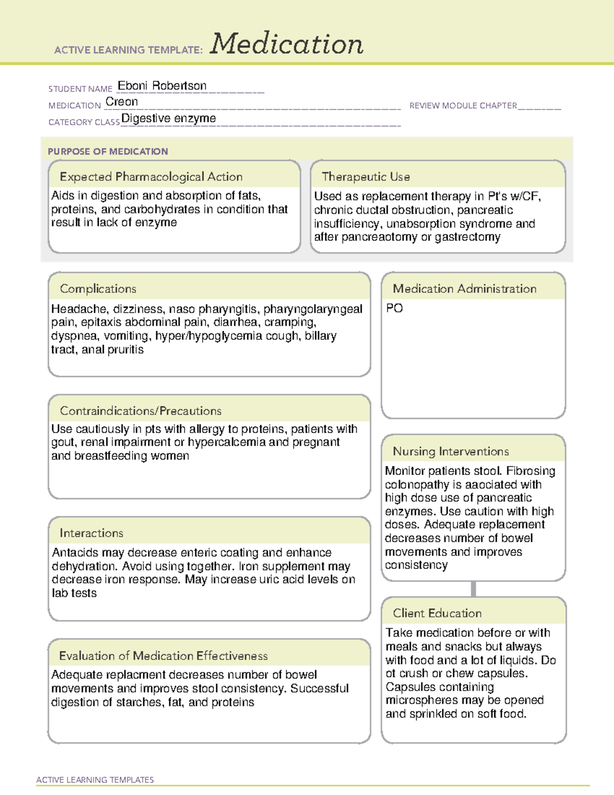 Creon Medication Template - ACTIVE LEARNING TEMPLATES Medication ...