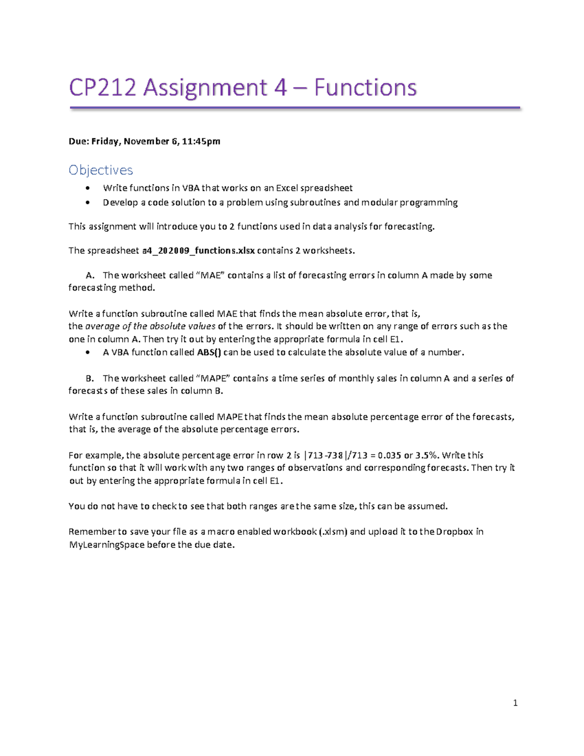CP212 Assignment 4 Fall 2020 - 1 CP212 Assignment 4 – Functions Due ...
