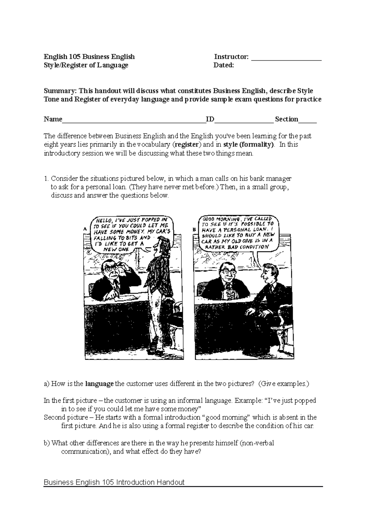 Eng 105 Handout 1+ HW (Style, Tone, Register, Formal Language ...