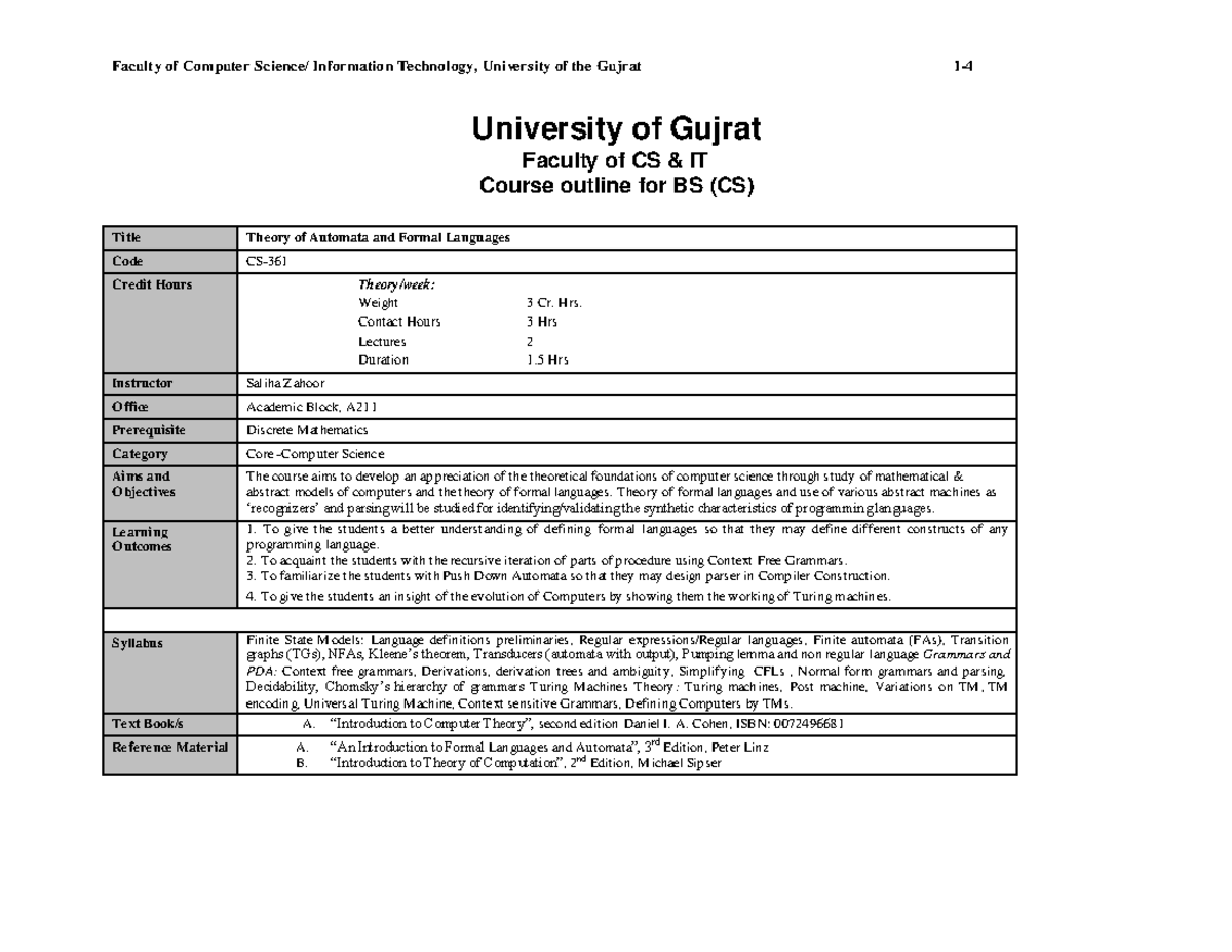 TOA-course-outline - TOA - University of Gujrat Faculty of CS & IT Course outline for BS (CS ...