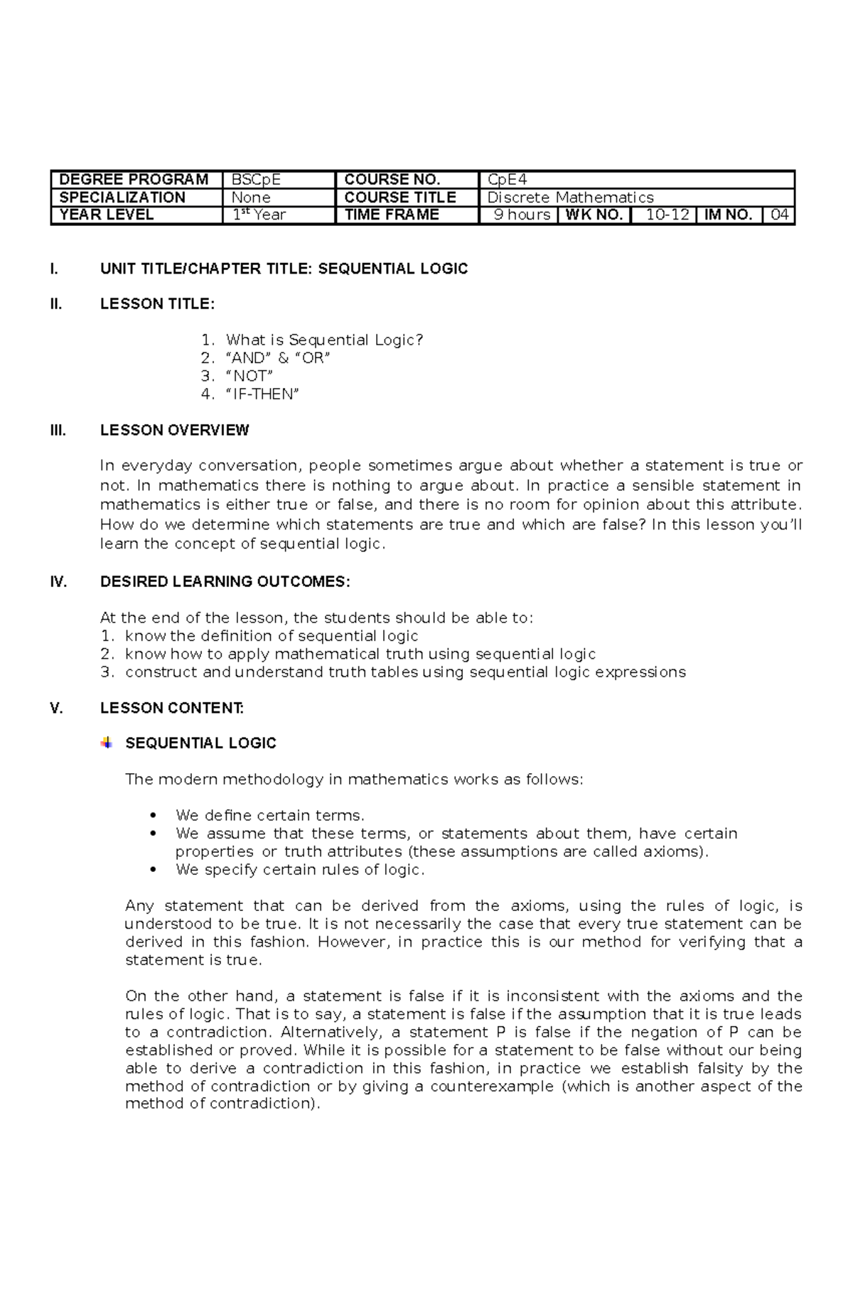 Instructional Module 4 - Sequential Logic - DEGREE PROGRAM BSCpE COURSE NO. CpE SPECIALIZATION ...