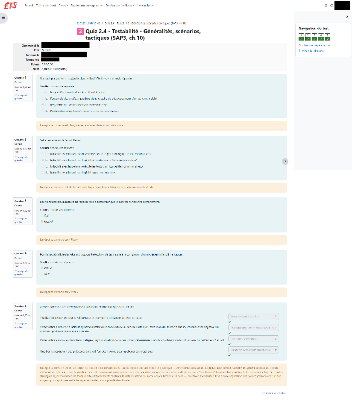 Quiz 2.4 - Testabilité - Généralités, scénarios, tactiques (SAP3, ch.10 ...