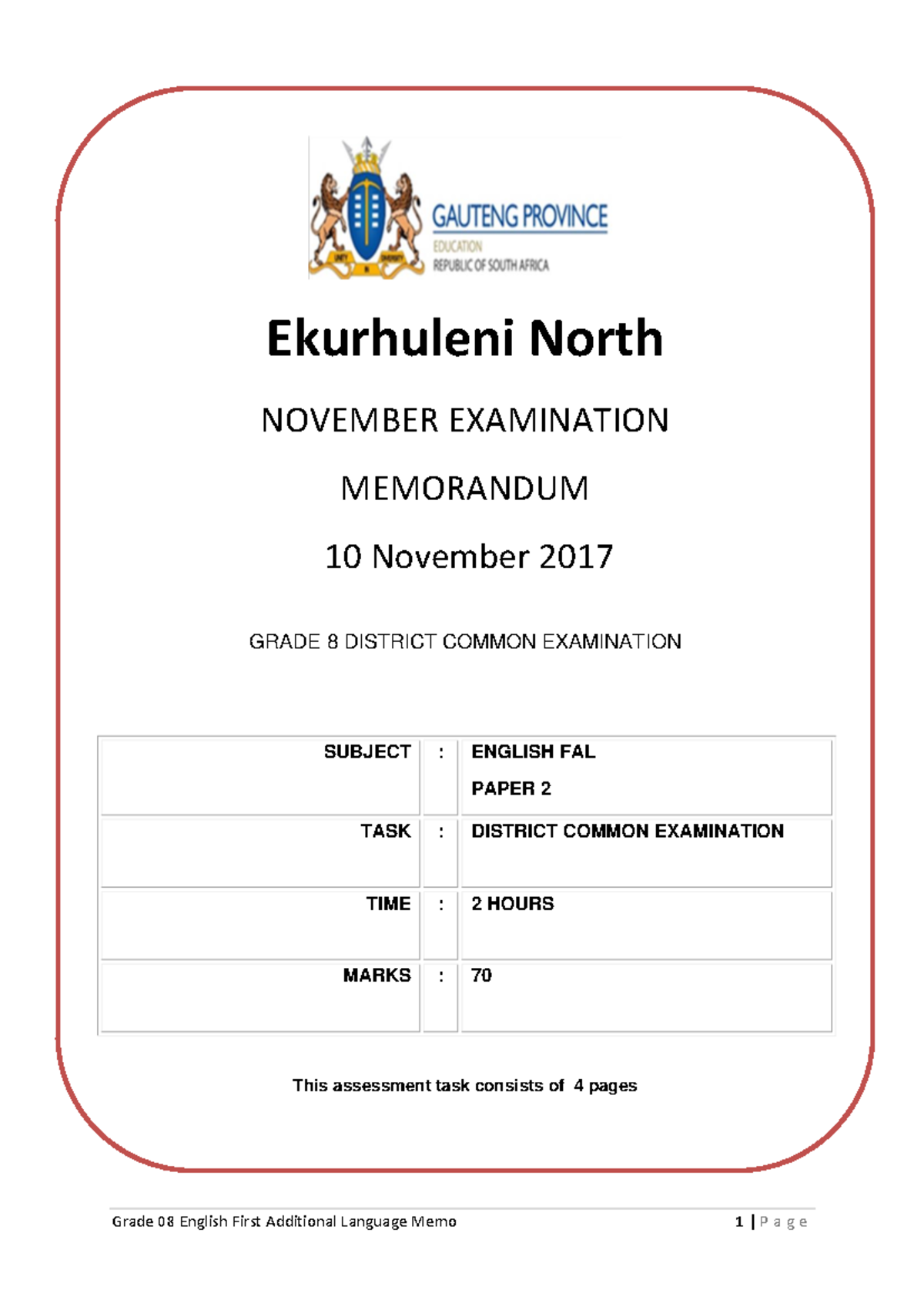 Graad 8 English FAL Grade 8 November 2017 MEMO - THIS MEMORANDUM ...