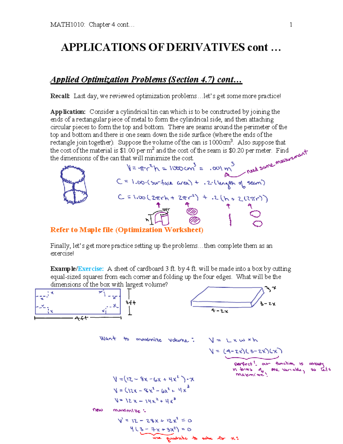 Lecture Sections 4.7, 4.10 - APPLICATIONS OF DERIVATIVES cont ...