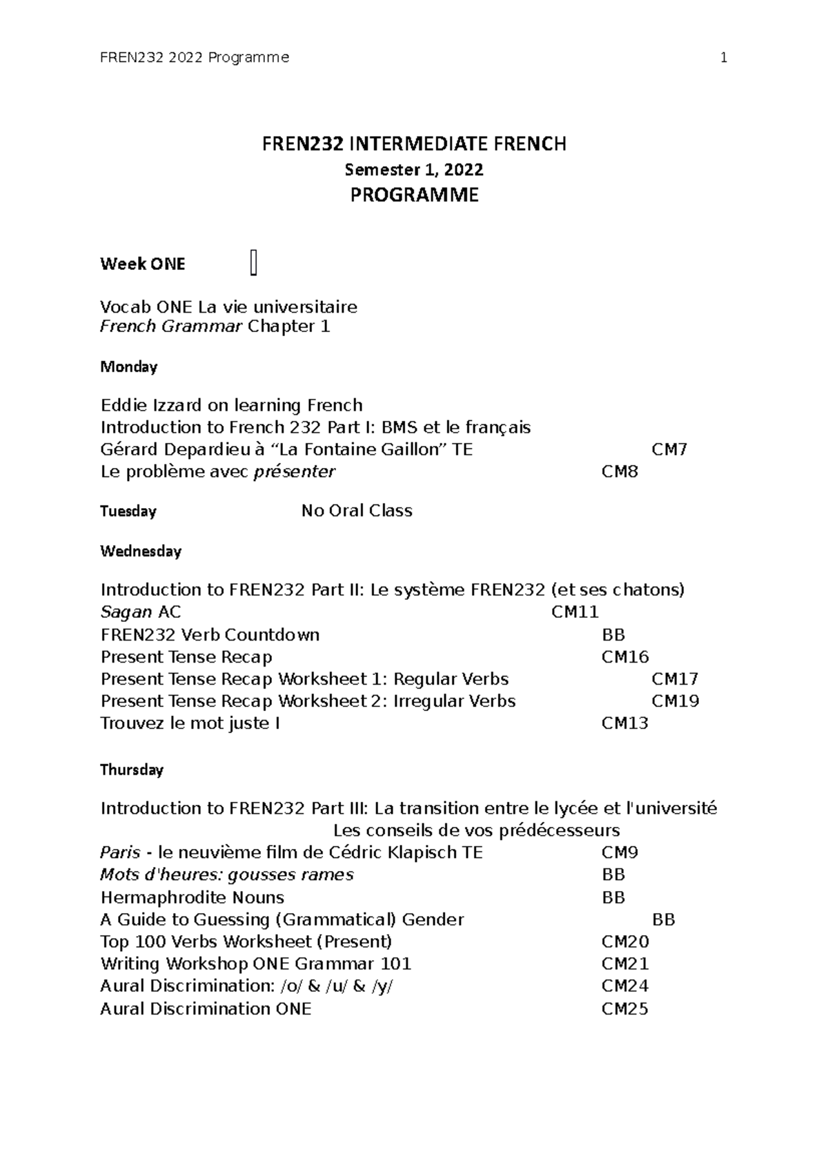 FREN232 Programme - FREN232 INTERMEDIATE FRENCH Semester 1, 2022 ...