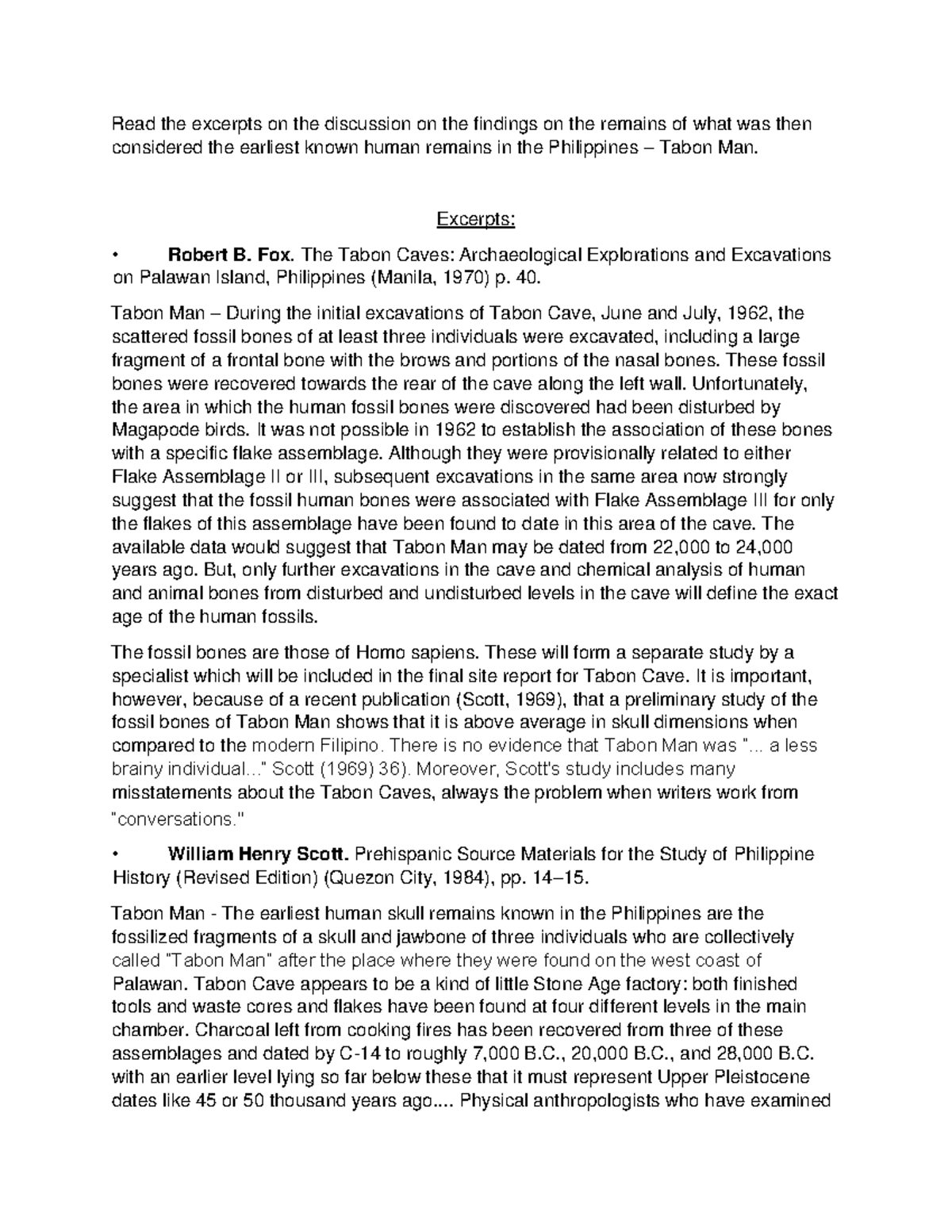 Excerpts on Tabon Man - Read the excerpts on the discussion on the ...