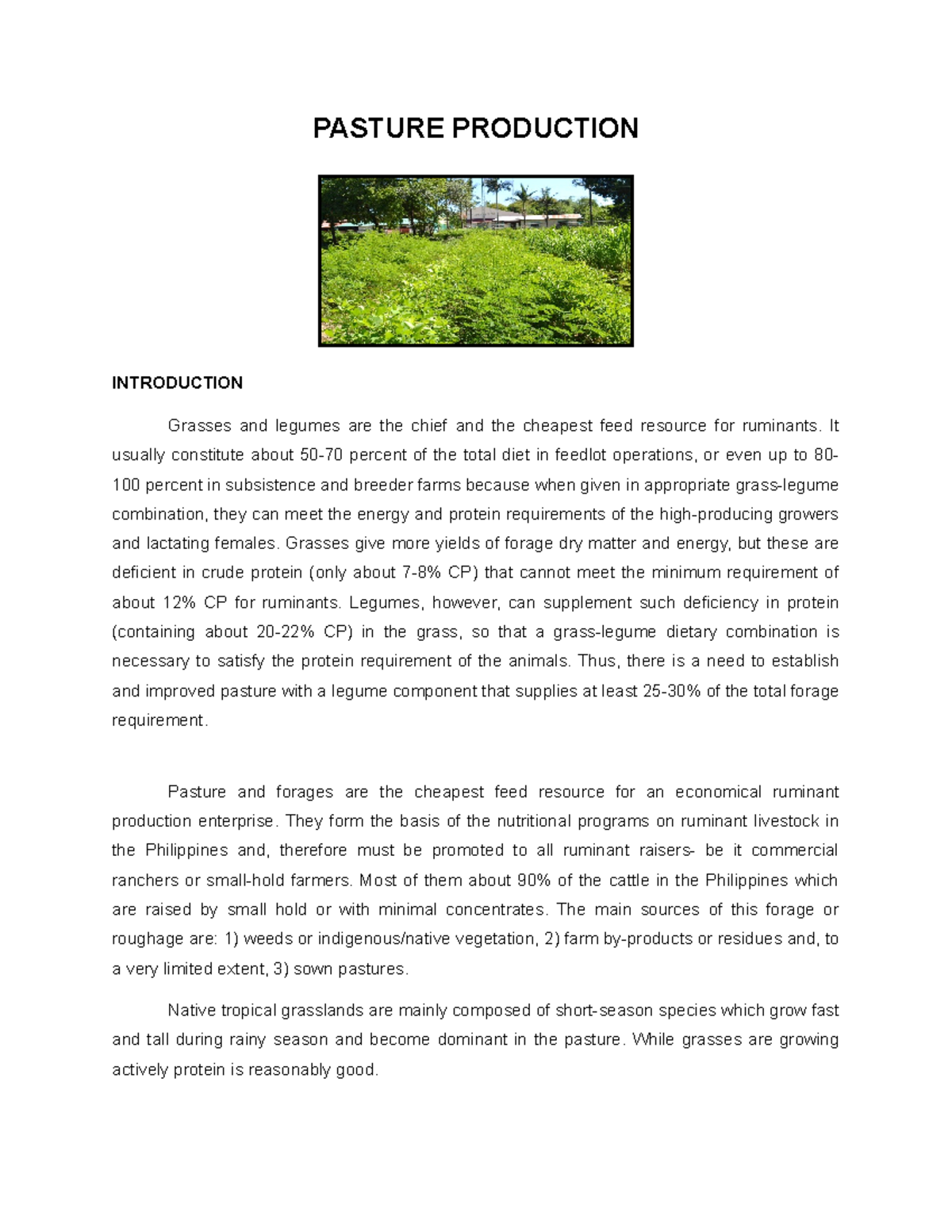 Pasture Production - PASTURE PRODUCTION INTRODUCTION Grasses and ...