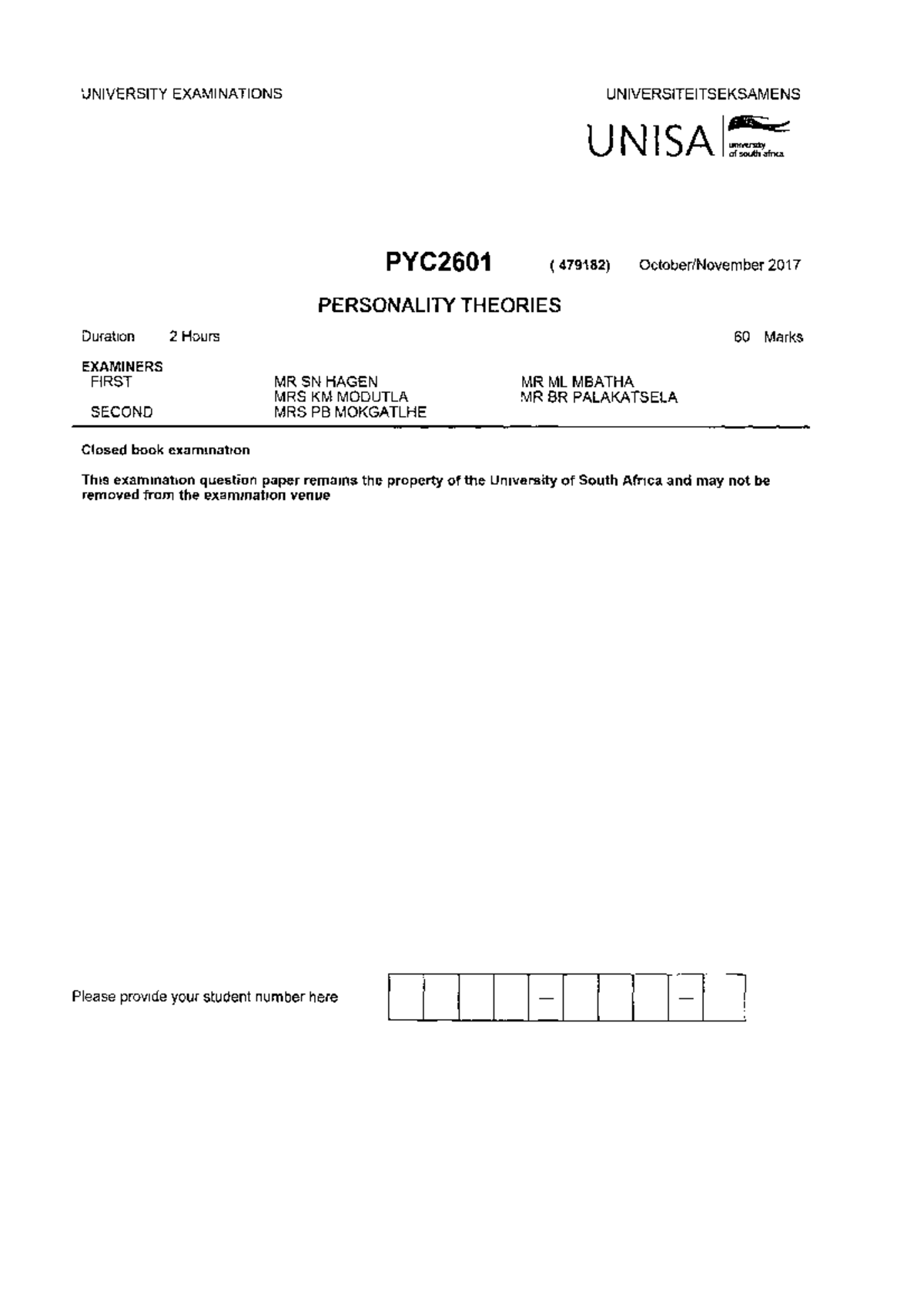 Exam 2017, questions - PYC2601 - Studocu