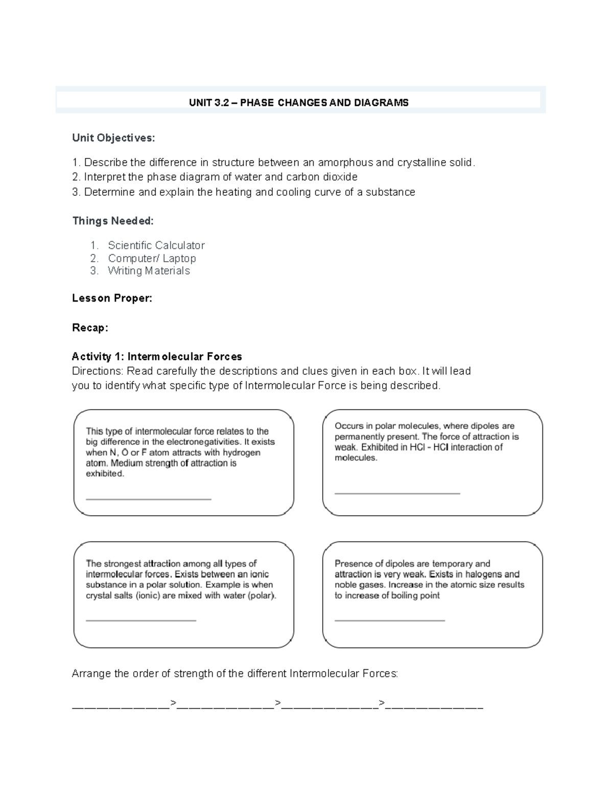 Phase Changes and Diagrams - UNIT 3 – PHASE CHANGES AND DIAGRAMS Unit ...